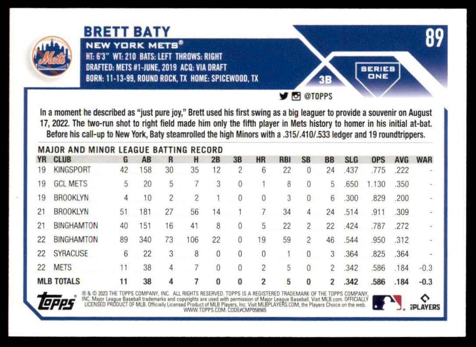 2023 Topps Gold Foil Parallel #89 Brett Baty RC New York Mets | eBay