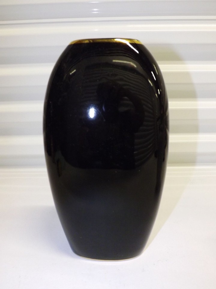 Vtg Asian Vases W 24KT Gold Details Birds Porcelain Ceramic Black Blue ...