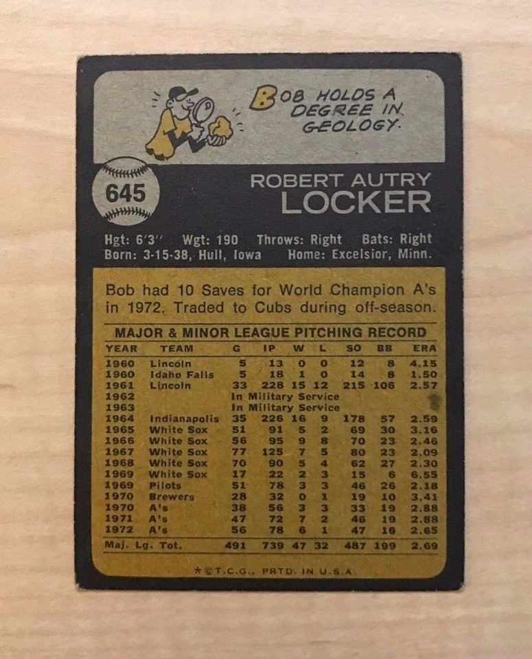 BOB LOCKER CHICAGO CUBS SIGNED AUTOGRAPHED 1973 TOPPS CARD #645 W/COA ...