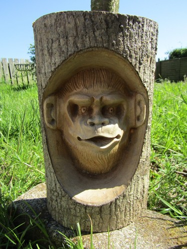 Hand Made Carved Wooden Garden Monkey Chimpanzee Wall Art Plaque Log ...