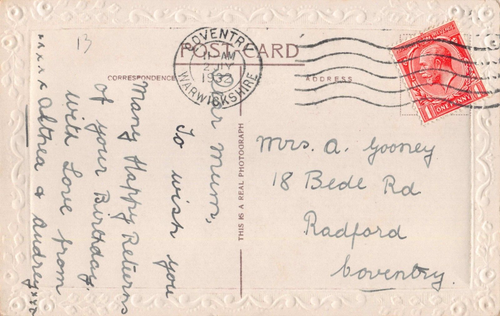 FAMILY HISTORY - GENEALOGY POSTCARD - GOONEY - COVENTRY RADFORD BEDE ...