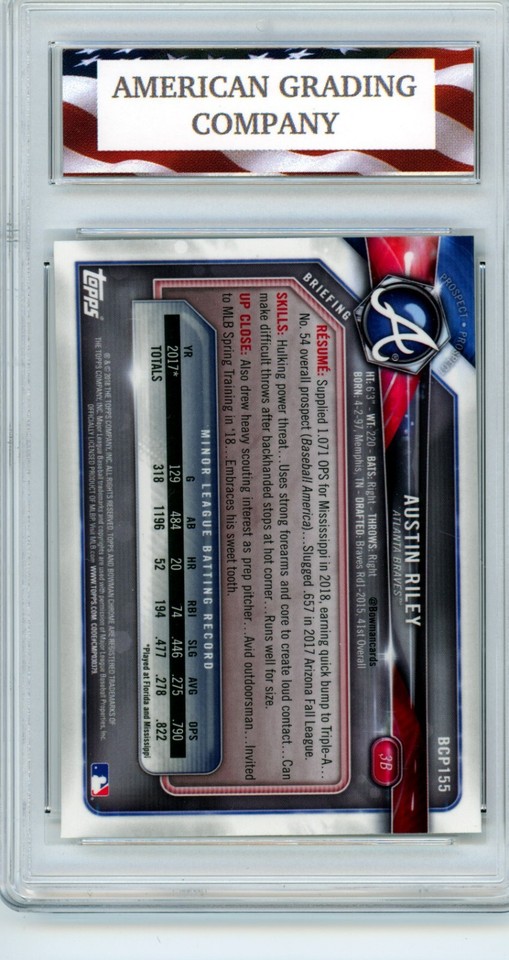 2018 Bowman Chrome #155 Austin Riley Rookie Card AGC 10 Gem Mint ...