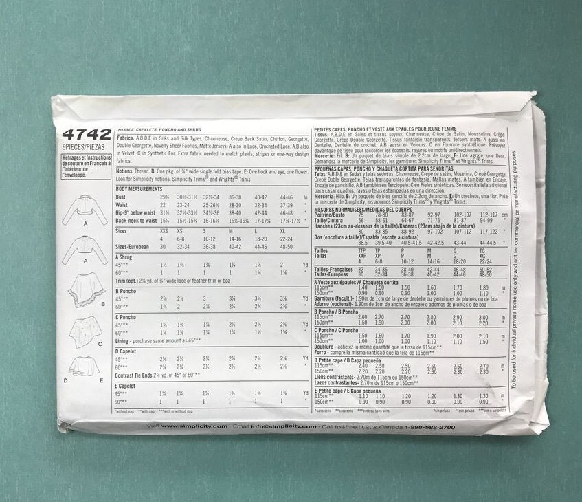 Simplicity Pattern #4742 - Misses' Capelets/Poncho/Shrug - Sizes M/L/XL ...