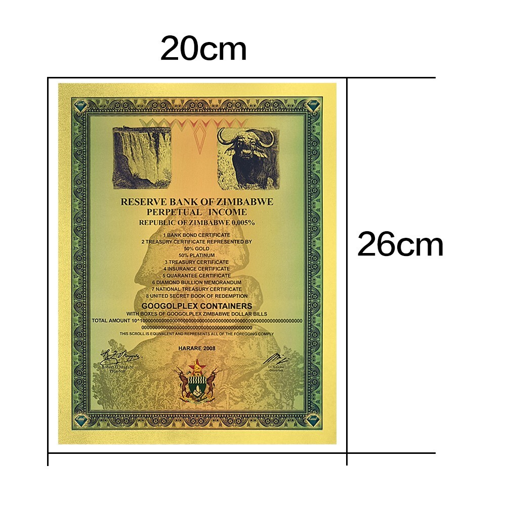 Googolplex Containers Gold Foil Banknote Zimbabwe Large Certificate ...