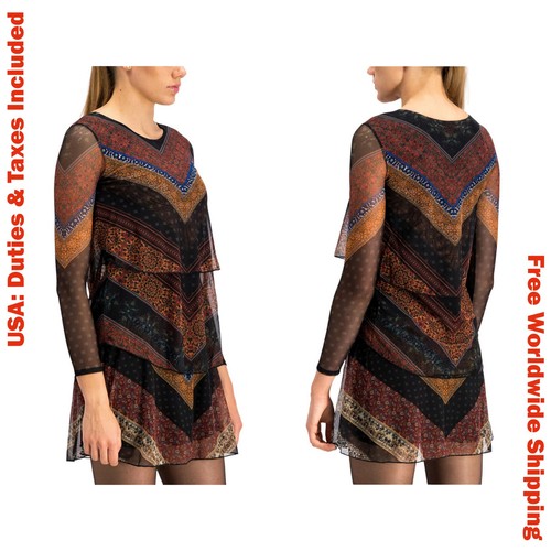 Desigual Ocrida Womens Mesh Long Sleeve Multilayer Short Dress Size M ...