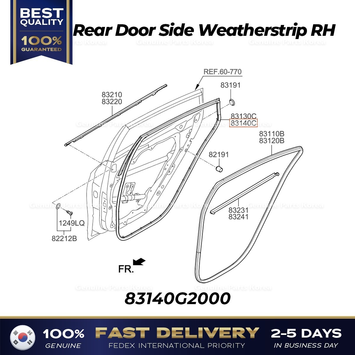 ⭐Genuine⭐ Rear Door Side Weatherstrip RH 83140G2000 for Hyundai Ioniq ...