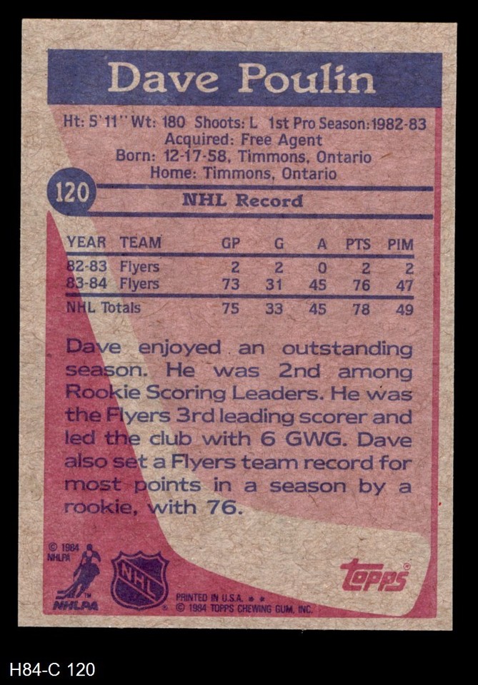 1984 Topps #120 Dave Poulin Flyers RC 8 - NM/MT | eBay