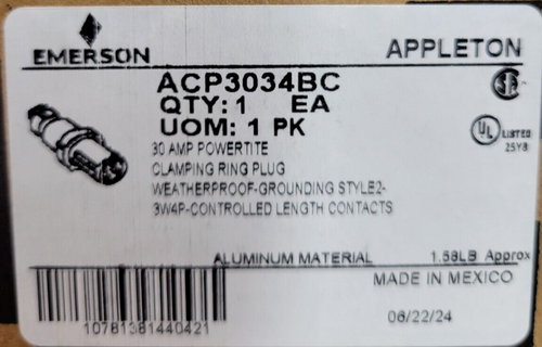 Appleton ACP3034BC 30a 3w 4p 3ph Weatherproof Plug brand New Factory ...