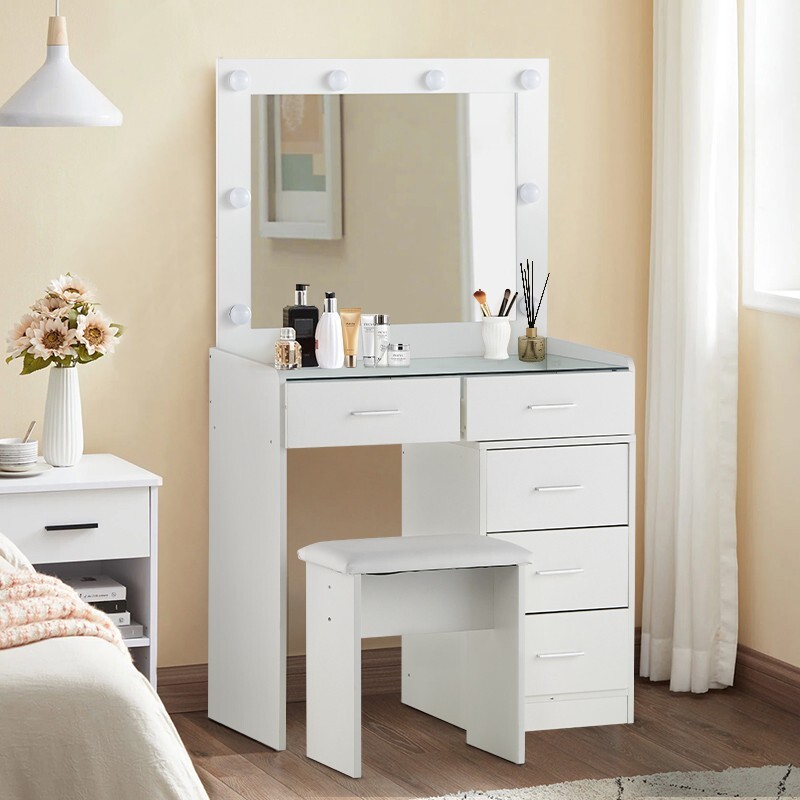 Dressing Table with LED Lighted Mirror Makeup Lady Dresser Desk Table ...