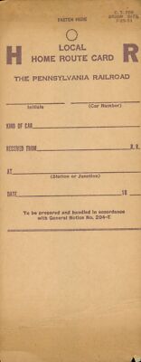 1951 PRR Pennsylvania Railroad Local Home Route Card Car Type Train ...