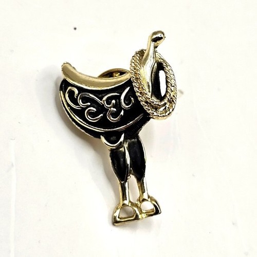 80's Western Saddle Lapel Pin Gold Tone Equestrian Black Enamel Brooch ...