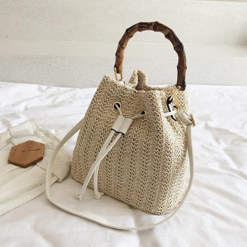 Handwoven Bamboo Bucket Bag Shoulder / Messenger Style White Parallel ...
