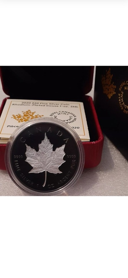 2020 CANADIAN $20 BLACK RHODIUM-PLATED INCUSE SILVER MAPLE LEAF 1 OZ ...