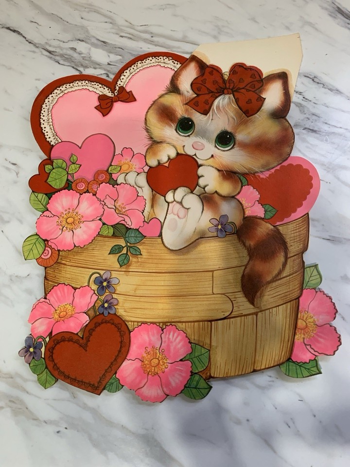 VINTAGE PECK VALENTINE DIE CUT (CAT IN BASKET) NOS 1982 14"X10" | eBay