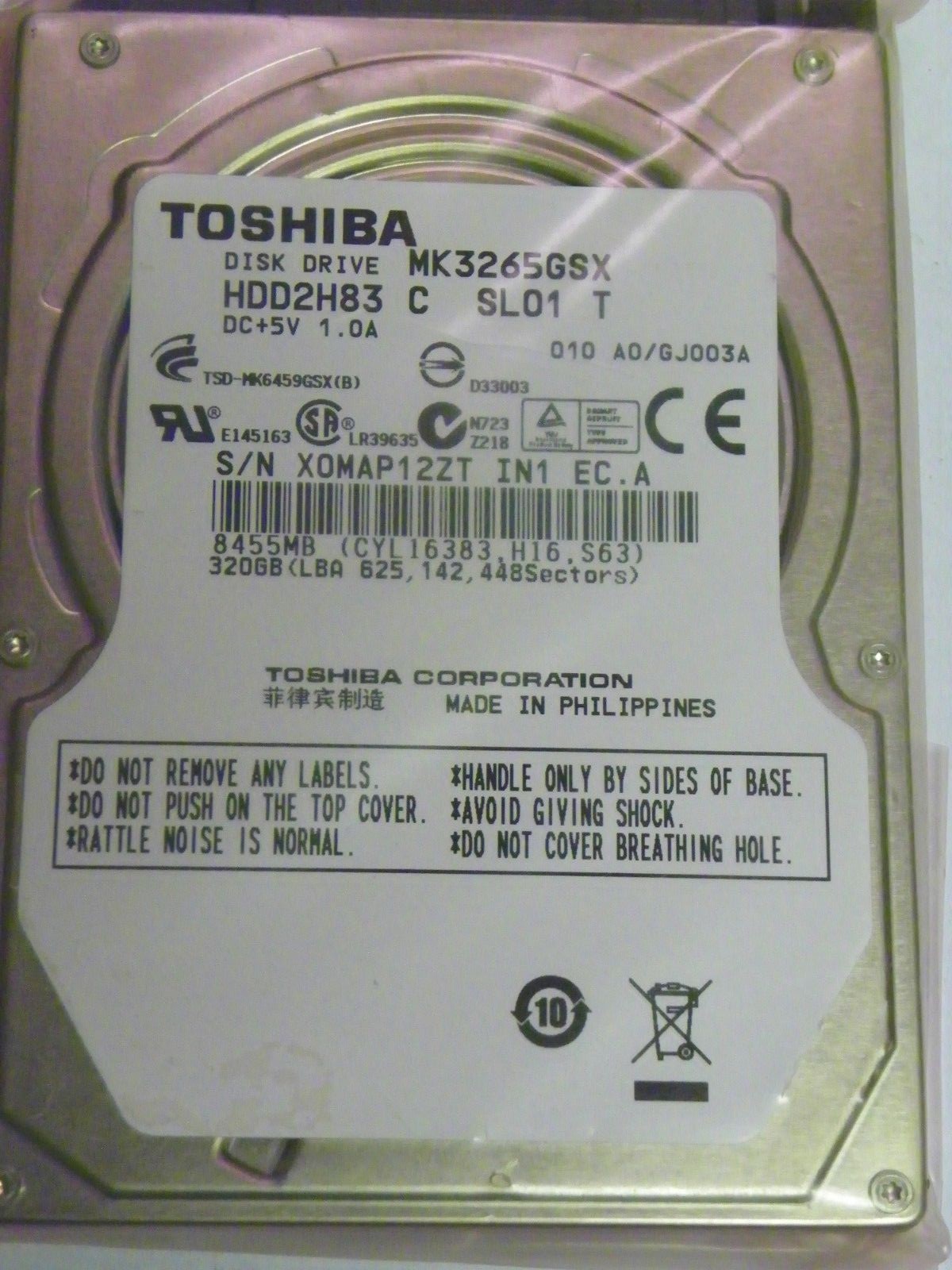 Toshiba MK3265GSX (HDD2H83 C SL01 T) 010 A0/GJ003A Laptop 320GB 2.5 ...