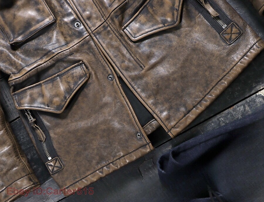 Mens Retro Distressed Field Leather Jacket Veg-tanned Tea Core Cowhide ...