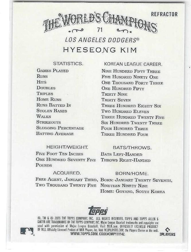 Hyeseong Kim 2025 Topps Allen & Ginter Chrome Refractor SP #71 Dodgers ...