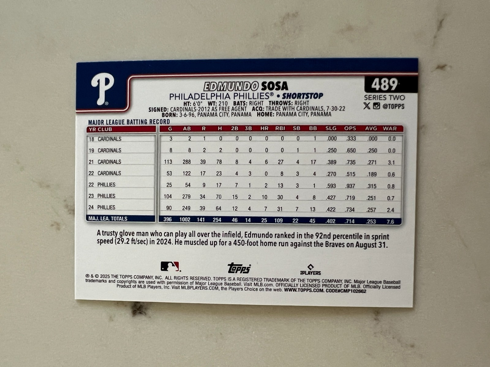 2025 Topps Series 2 #489 Edmundo Sosa Silver Crackle Foilboard Phillies ...