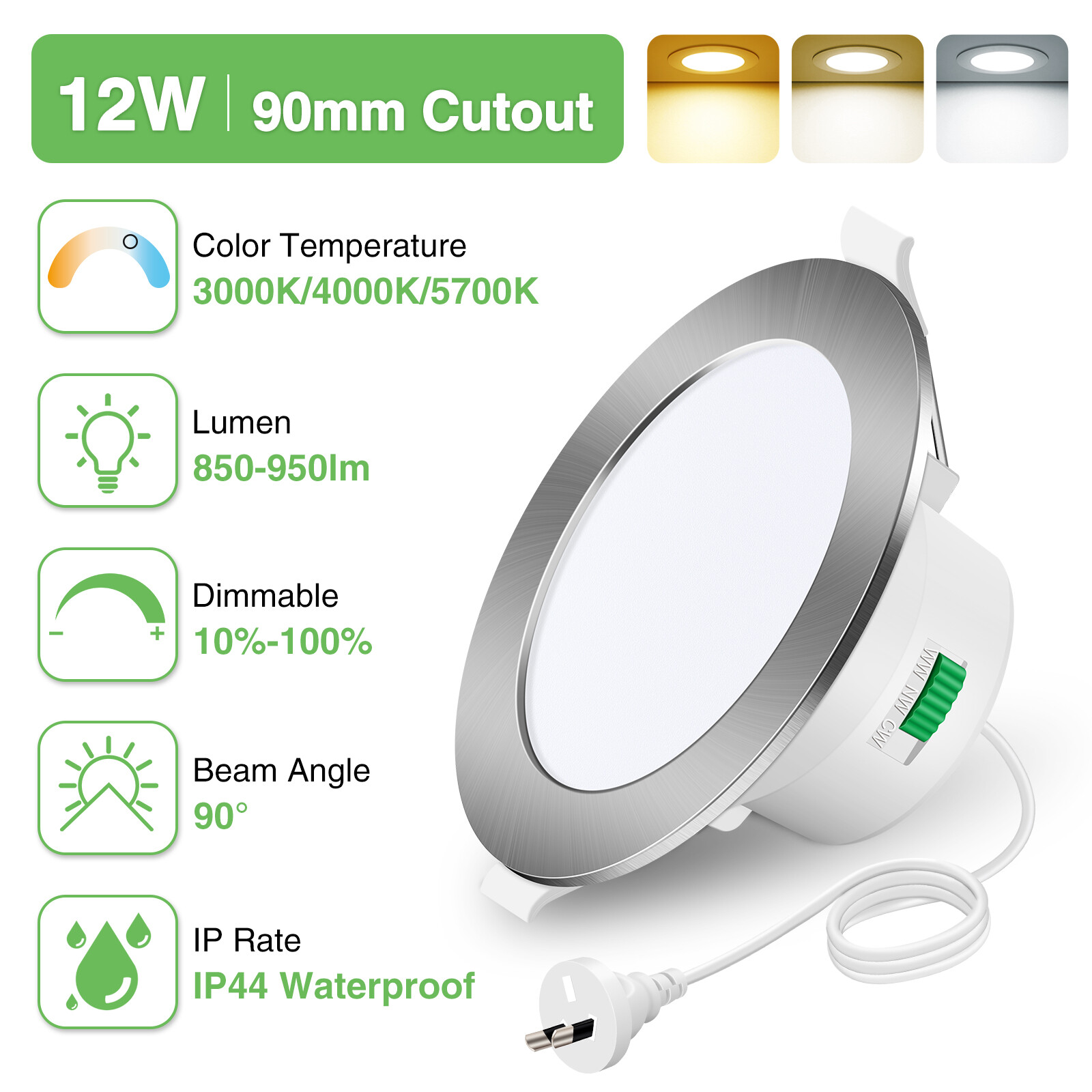 LED Downlights Kit 70mm/90mm/120mm Tri Color 10W/12W/14W Dimmable & Non ...