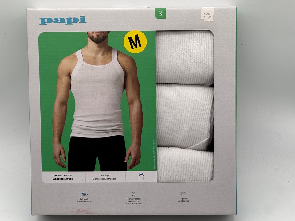 NEW 3 PACK MENS PAPI COTTON STRETCH SOFT TOUCH TAG FREE TANK TOPS WHITE ...