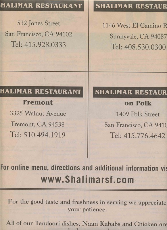 Shalimar Times Restaurant Menu 4 Locations San Francisco California ...