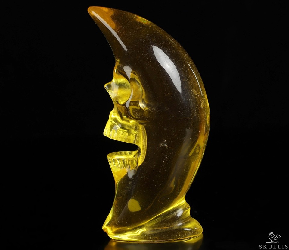 4.3" Yellow Obsidian Hand Carved Crystal Moon Skull Sculpture, Crystal ...