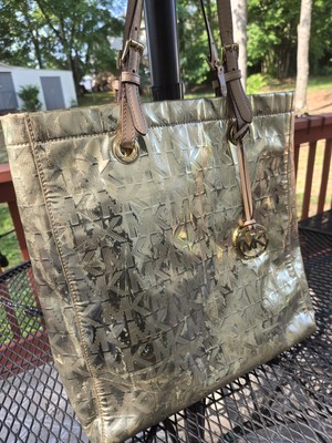 Michael Kors Signature Metallic Gold Leather Handbag Tote Bag Large ...