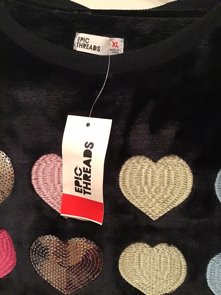 Epic Threads Big Girls Hearts Sequin Front Knit Pullover Sweater Black ...