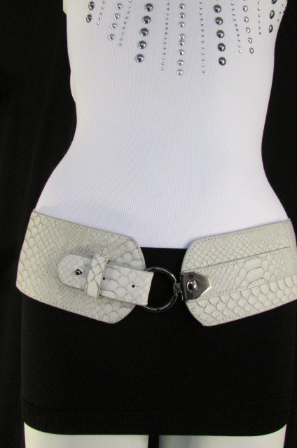 Women Black White Beige Elastic Fashion Belt Snake Skin Wide Faux ...