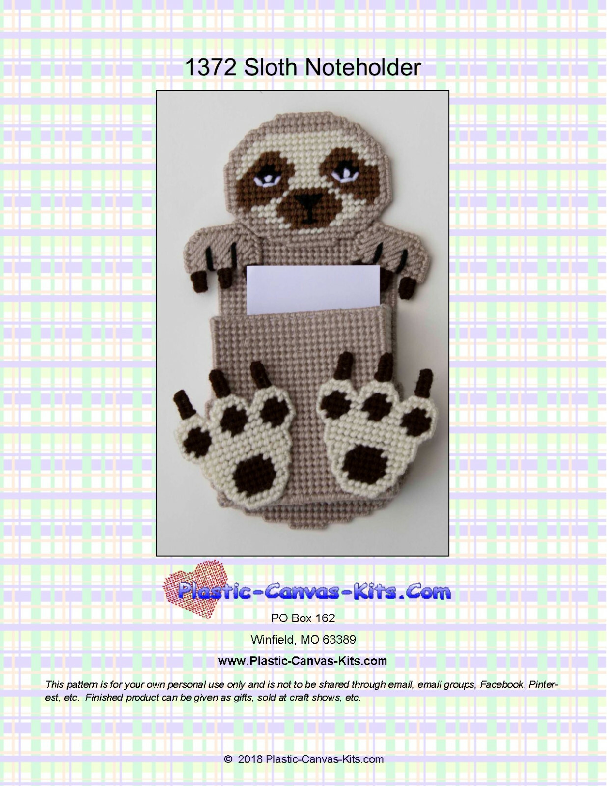 Sloth Note Holder- Plastic Canvas Pattern or Kit | eBay