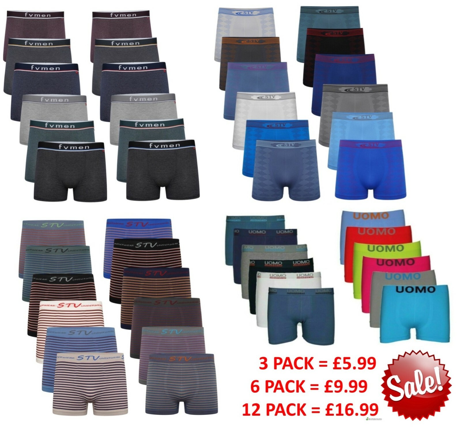 6 12 Pack Mens Regular Boxer Shorts Underwear Pants Briefs Boxers S M L ...