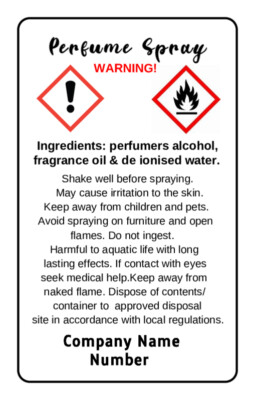 Personalised- CLP- PERFUME SPRAY safety warning stickers labels (36 per ...