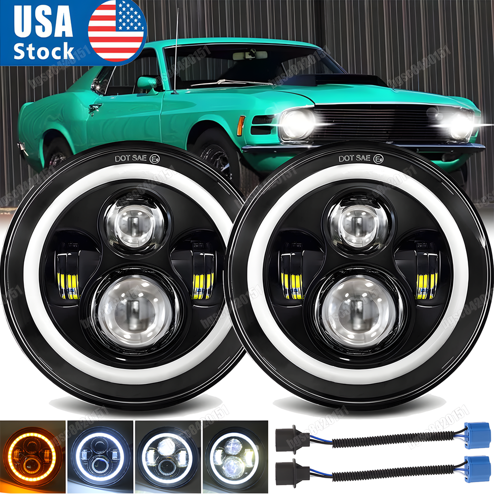 For Ford Mustang 1965-1978 7" INCH Round LED Headlights Halo DRL Angel ...