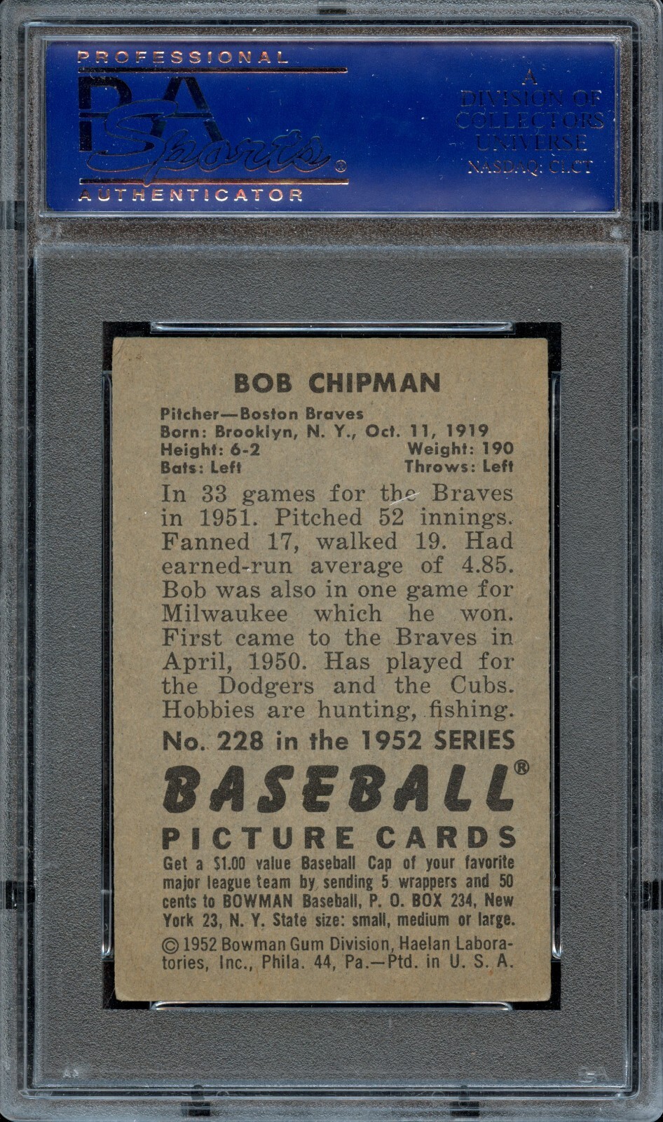 BB - 1952 Bowman - #228 - Bob Chipman - PSA 6 - EX-MT | eBay