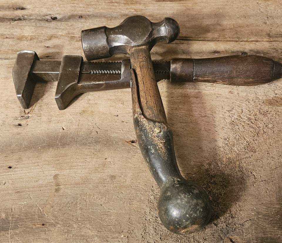 VINTAGE BLACKSMITH HAMMER & ADJUSTABLE MONKEY WRENCH TOOL LOT - UNUSUAL ...