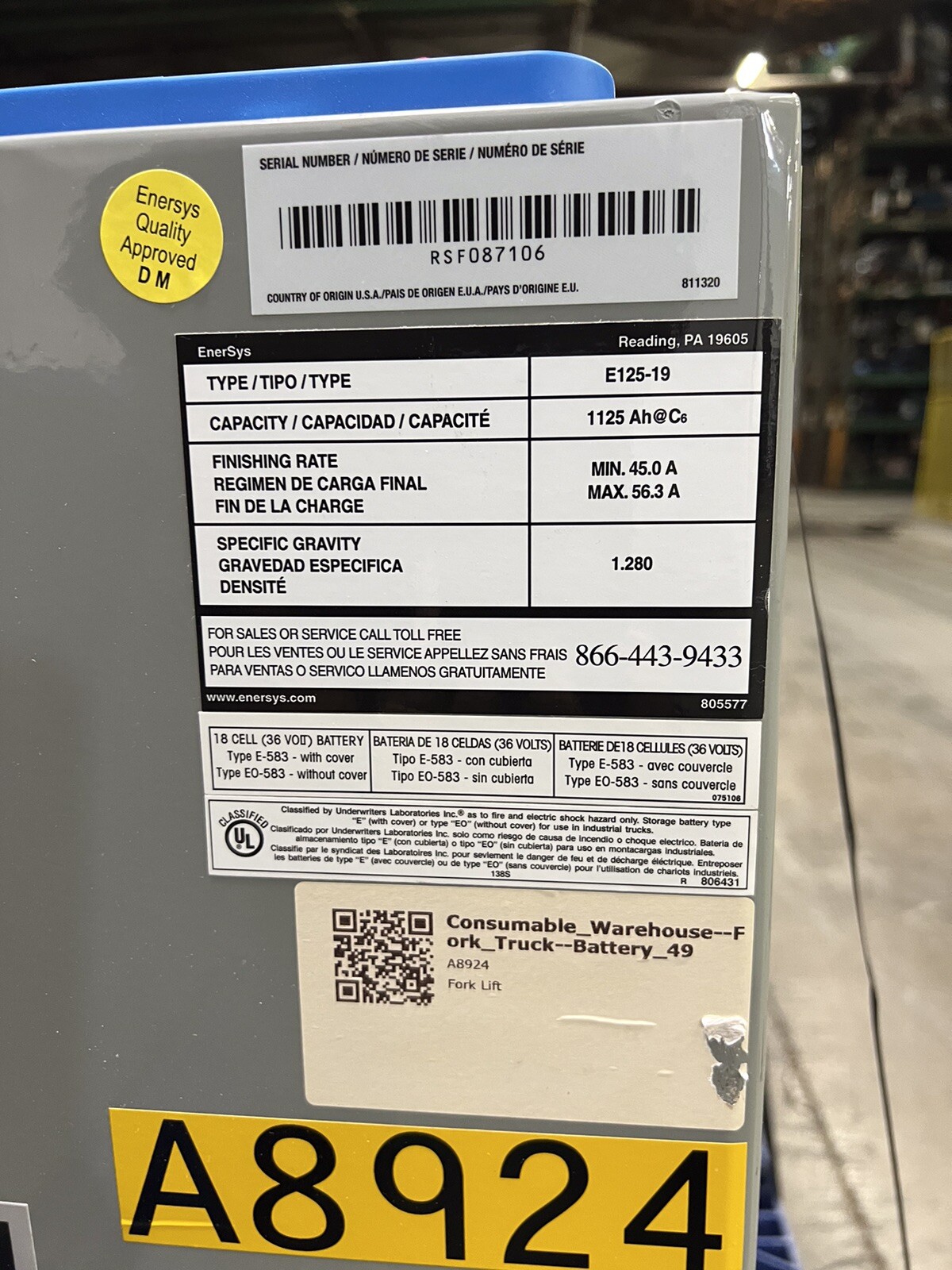 Enersys E125-19 Ironclad Workhog Forklift Battery 18-Cells 36V ...