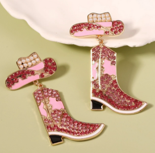 # Pink Pearl Rhinestones Cowboy Boot Cowboy Hat Drop Earrings Country ...