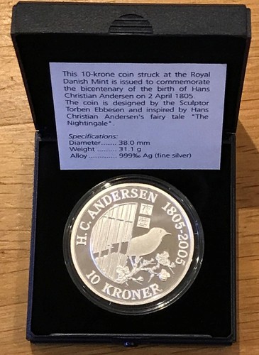 Denmark 10 kroner 2005 Andersen Nightingale KM#949 Silver Proof Box ...