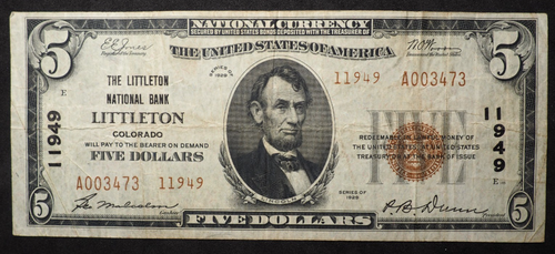$5 1929 LITTLETON COLORADO National Currency Bank Note - FREE SHIPPING ...