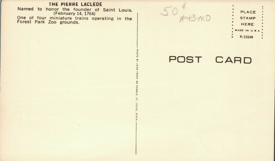 *Missouri Postcard-"Train-Pierre Laclede" (Named to Honor Founder of St ...