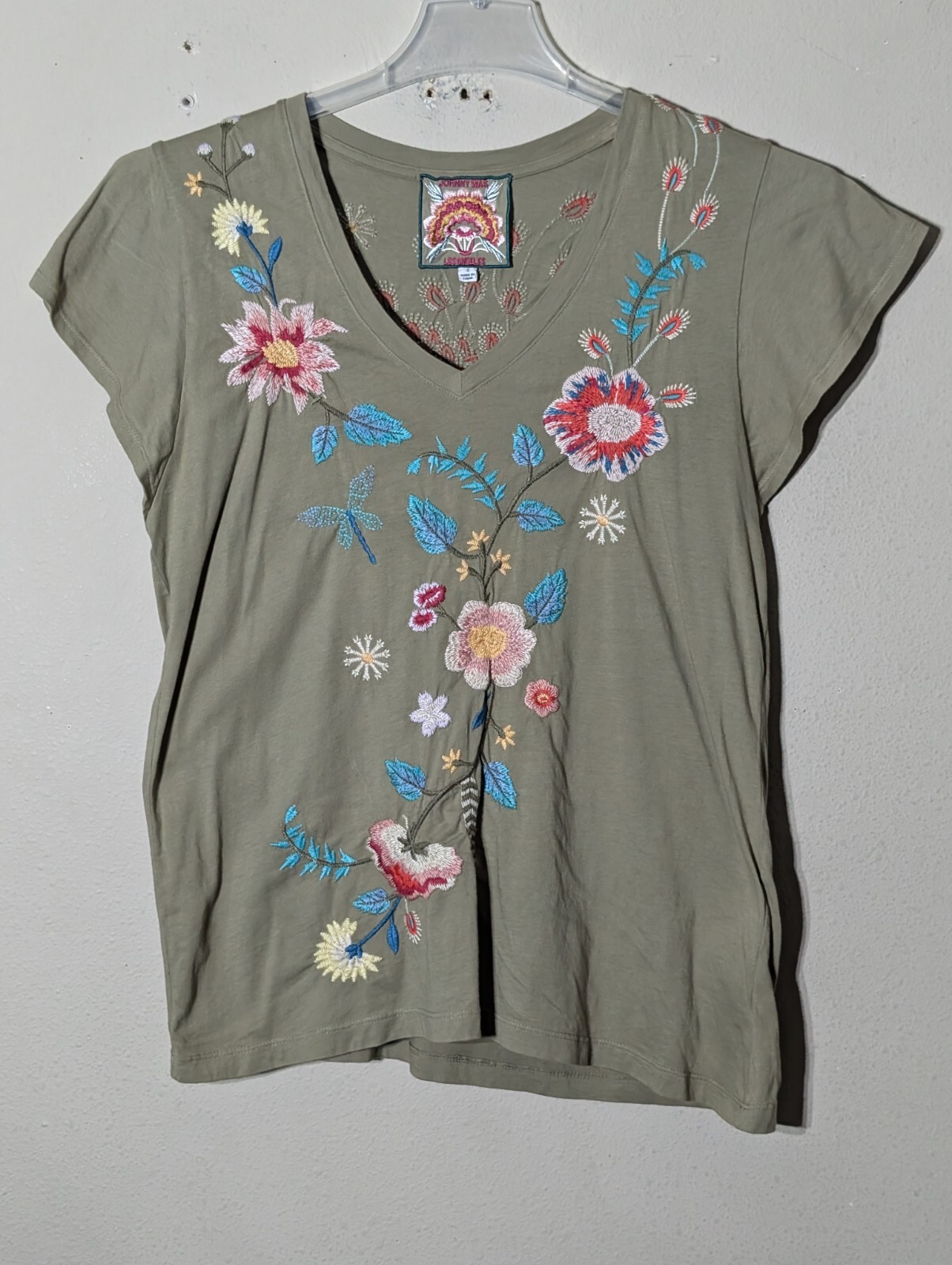 Johnny Was Grace Flutter Sleeve Green Top Short Embro… - Gem