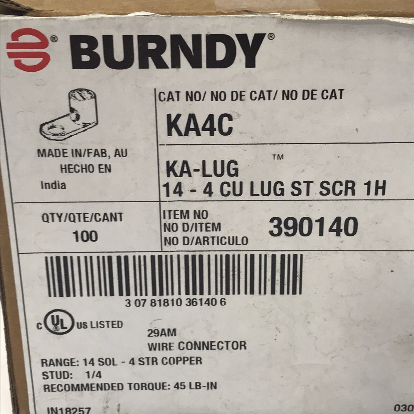 (1) Burndy KA4C Terminal Lug 1/4” Stud Range: 14-4 AWG ~NEW~ | eBay