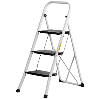Ladder Folding Step Stool Ladder with Handgrip Anti-Slip Sturdy White 3 ...