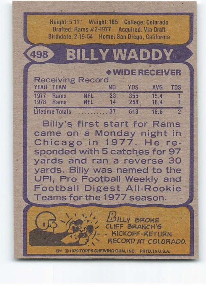 1979 Topps #498 Billy Waddy EX/NM RC Rookie LA Rams | eBay
