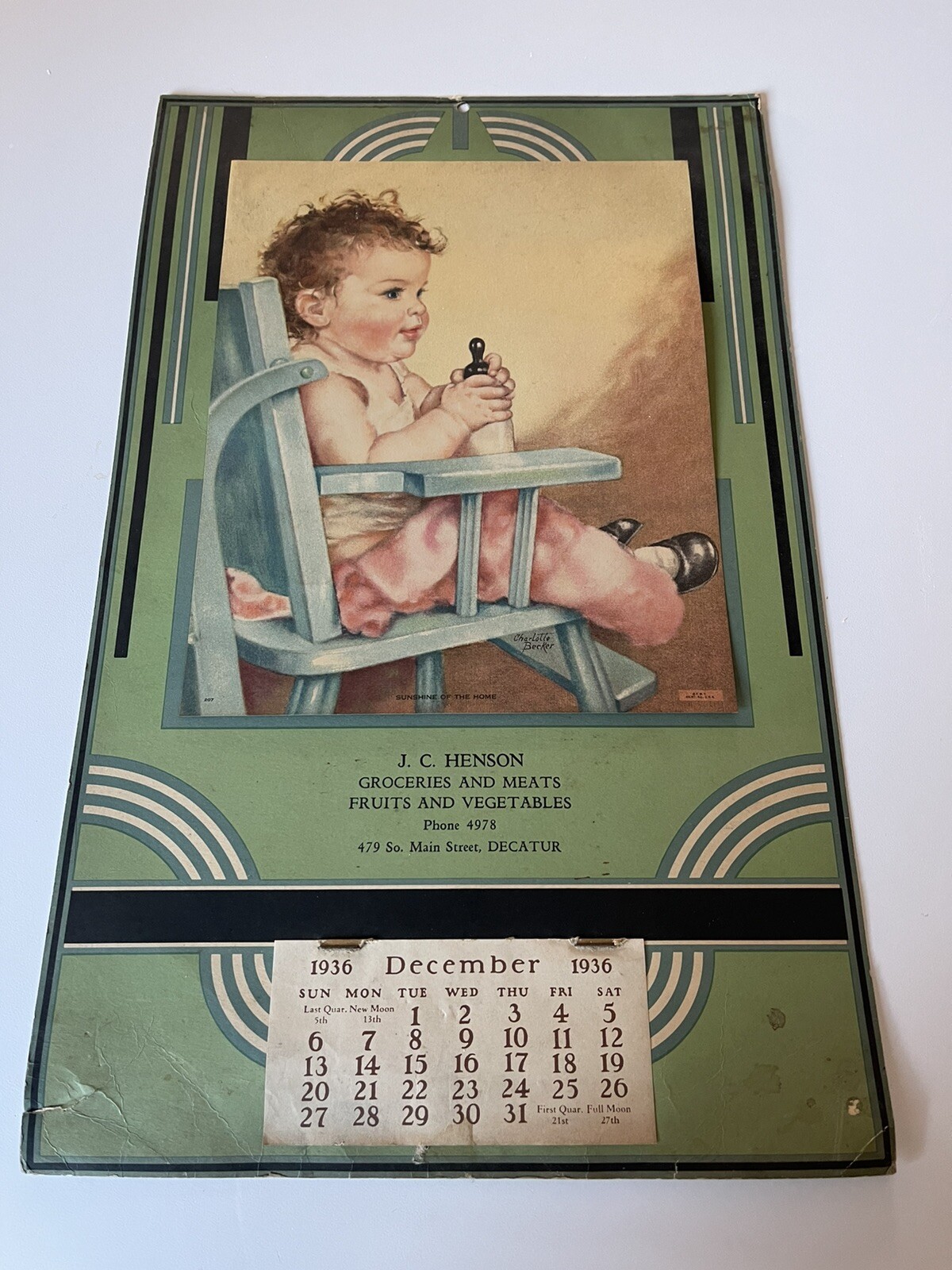 1936 CALENDAR J C HENSON GROCERIES DECATUR CHARLOTTE BECKER PRINT ...