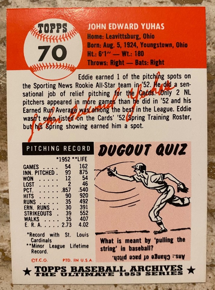 1953 Topps Baseball Archives Ed Yuhas Trading Card St. Louis Cardinals ...