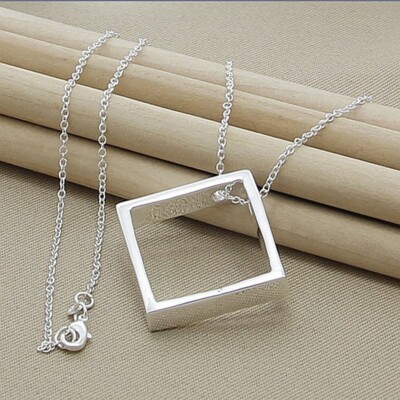 Stylish 925 Sterling Silver Hollow Square Pendant Necklace Chain ...