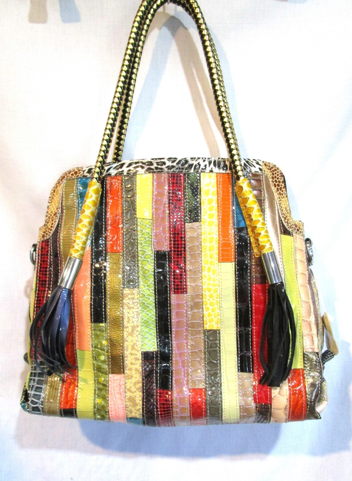 Tote Purse Handbag Patent Leather Animal Print Patchwork strips ...