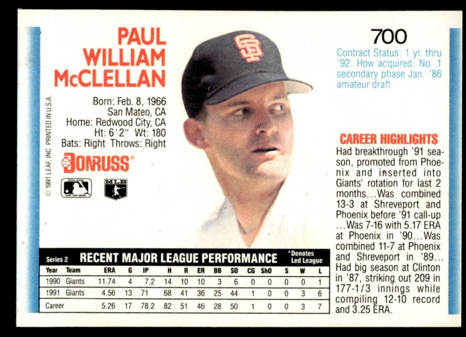 1992 Donruss #700 Paul McClellan San Francisco Giants | eBay