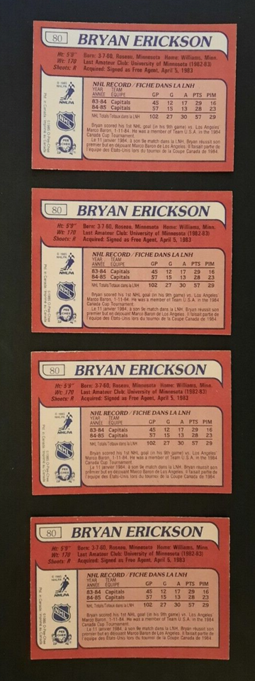 1985-86 O-Pee-Chee #80 Bryan Erickson Rookie 4 card lot NM-MT Capitals RC | eBay